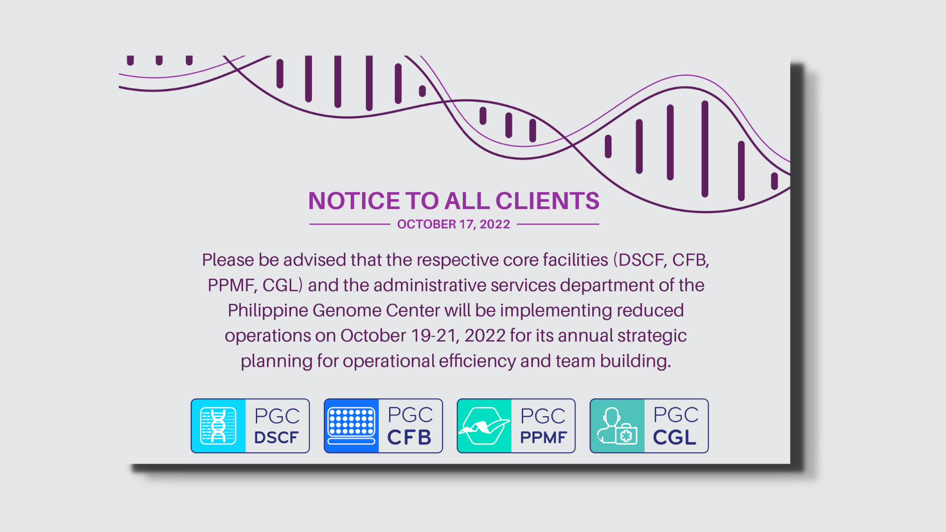 Advisory: Reduced operations on October 19-21, 2022 – Philippine Genome Center